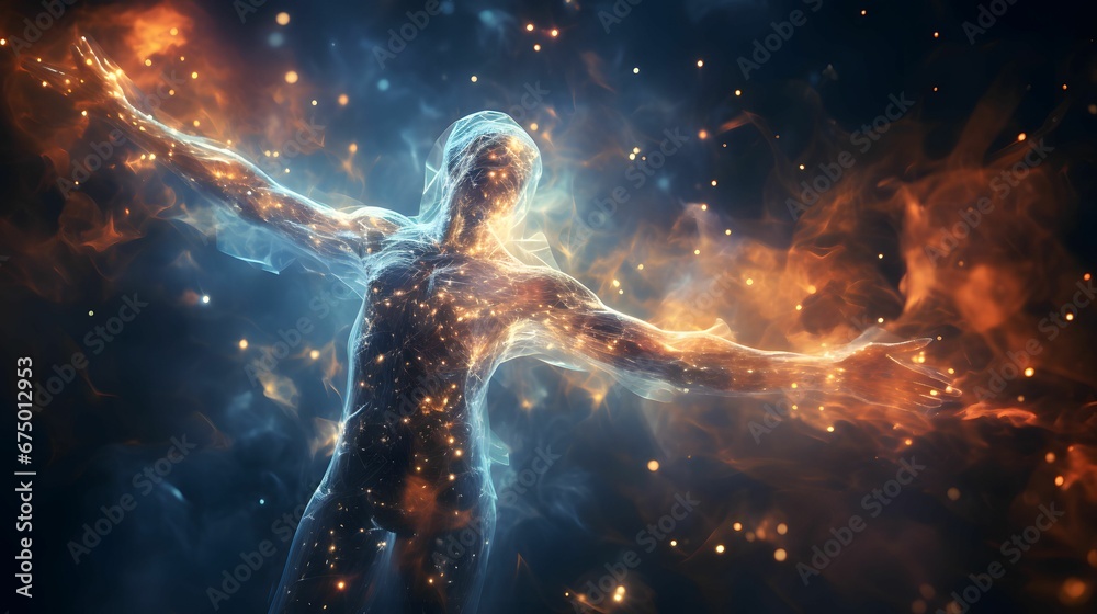 AI generated illustration of an illuminated celestial human figure with ...