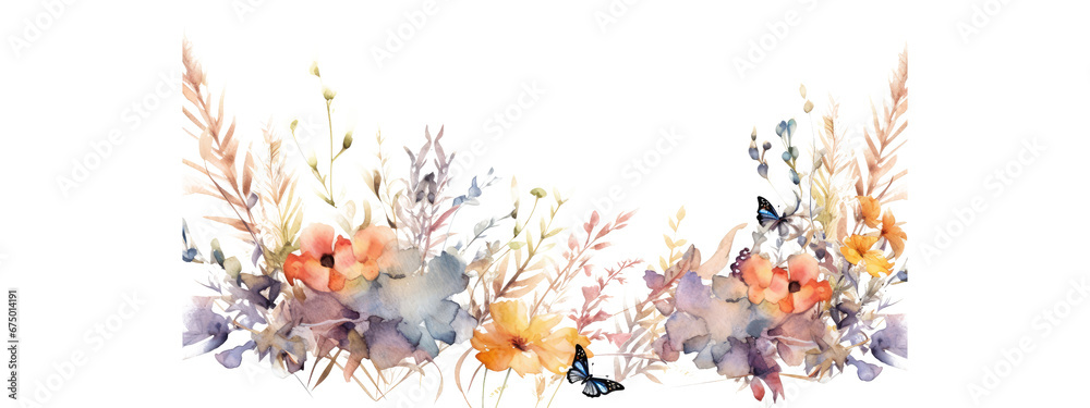 watercolor wildflower flower border isolated on transparent background ...