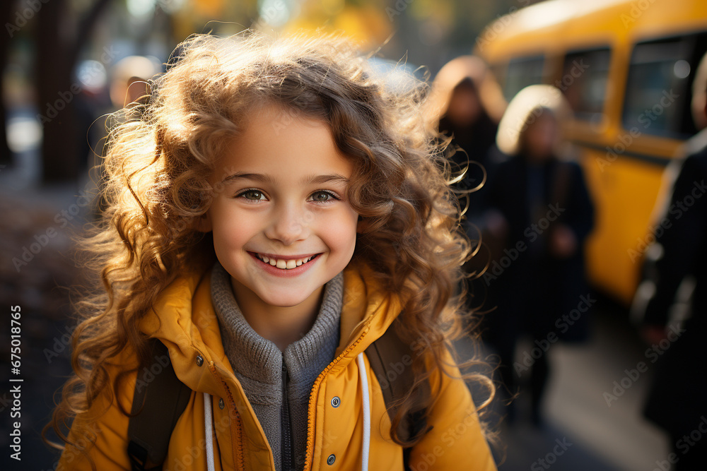 Smiling elementary student girl smiling and ready to board school bus ...