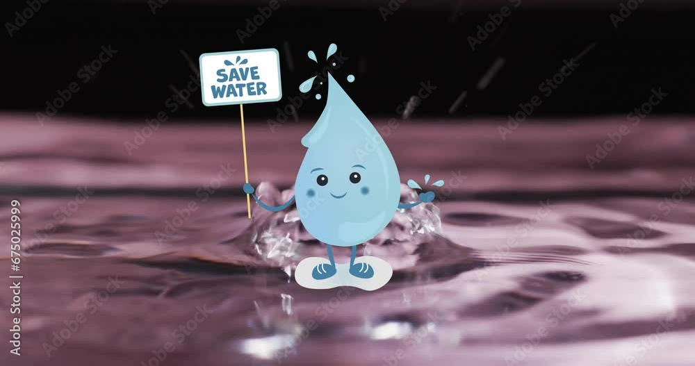 Animation of save water text on sign held by water droplet on water ...