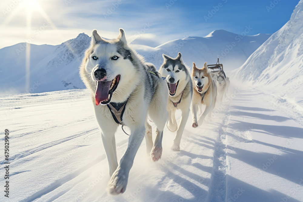 team of husky sled dogs diligently pulls a sled through the pristine ...