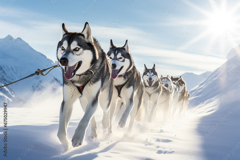 team of husky sled dogs diligently pulls a sled through the pristine ...