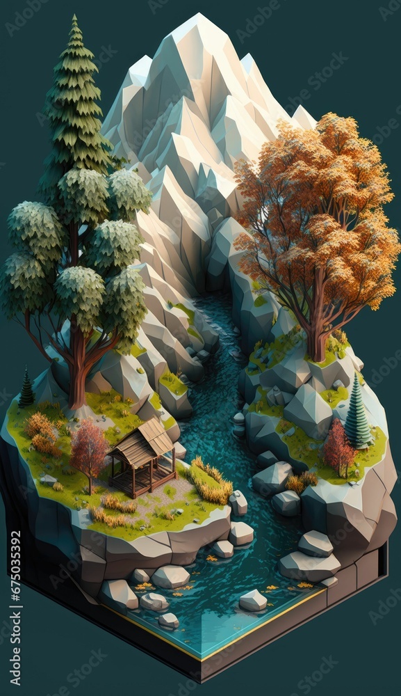 AI generated illustration of a low-poly style natural landscape with a ...