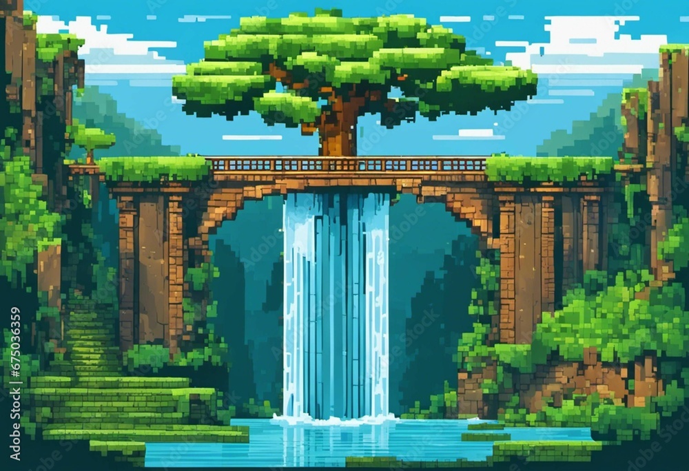 Pixel art of a fantasy bridge with falling water, a bright blue sky ...