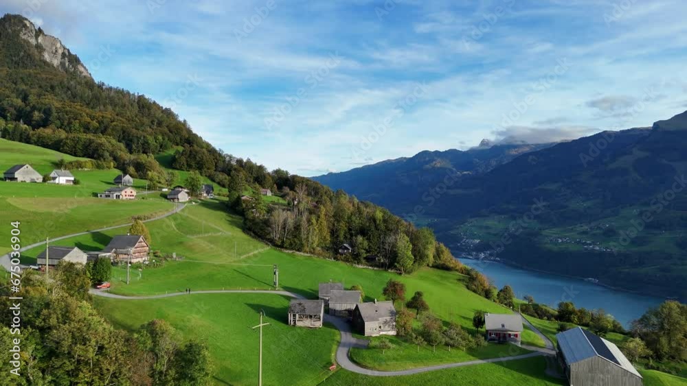 Aerial view of beautiful mountainside above lake walensee. Amden ...