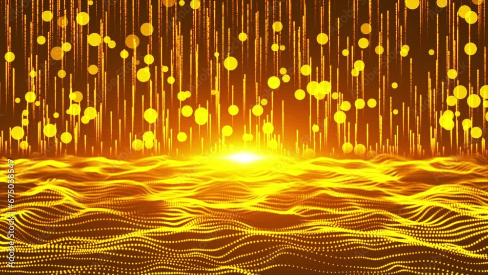 Digital particle wave background golden light and particles rising ...