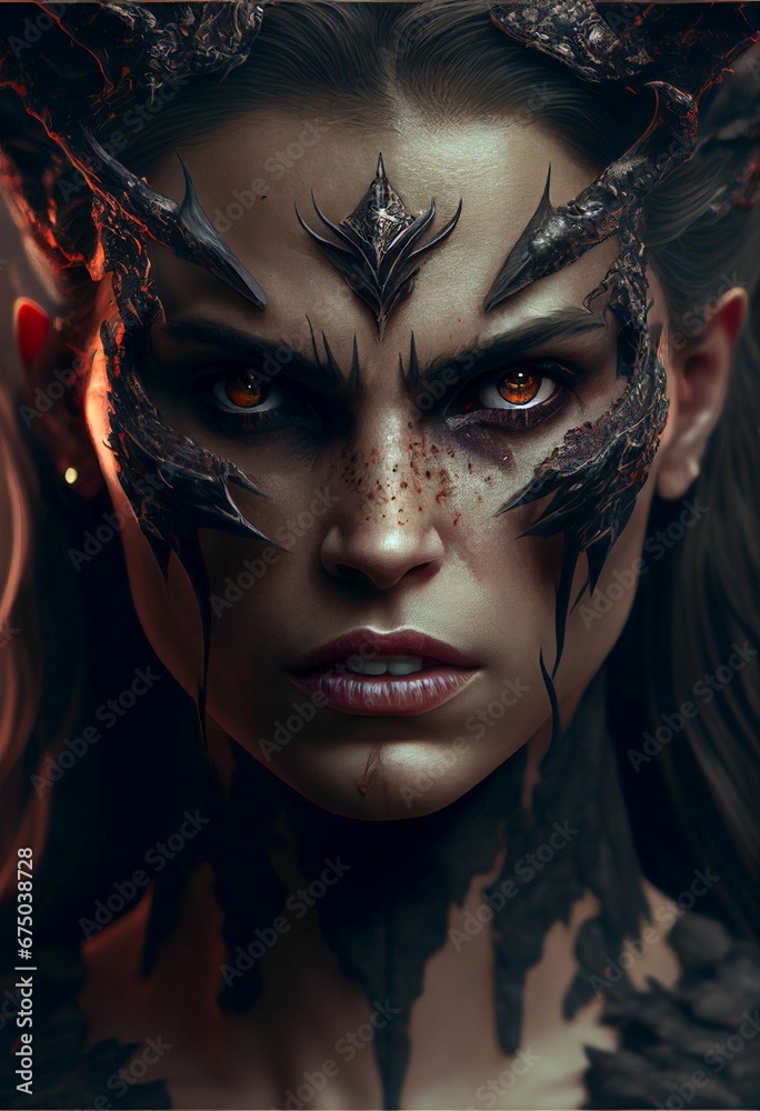 AI generated illustration of an evil young lady with glowing red eyes ...