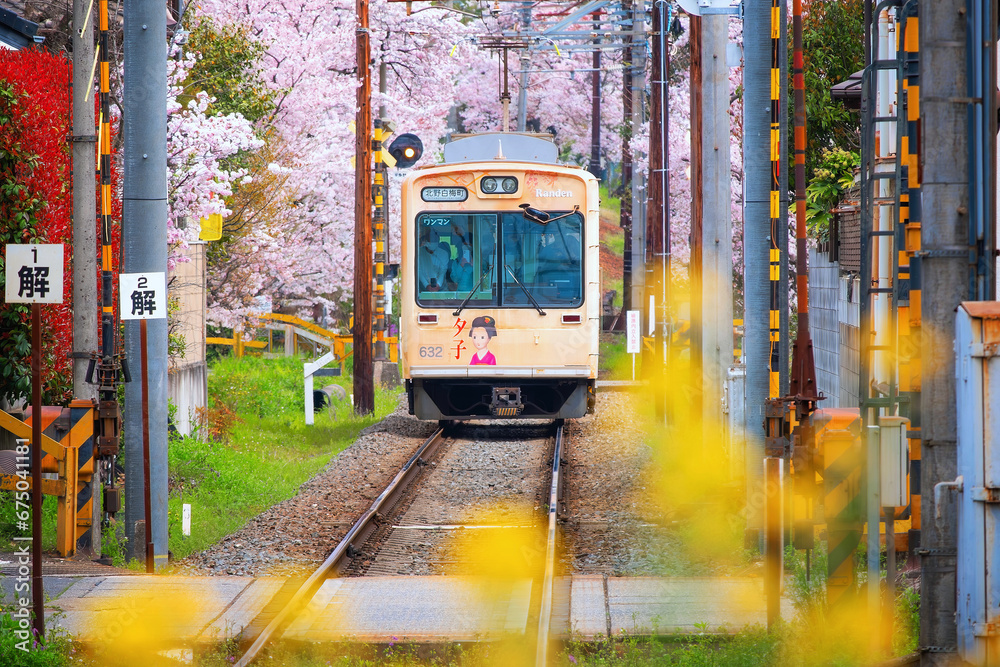 Kyoto, Japan - March 31 2023: Keifuku Tram is operated by Keifuku ...