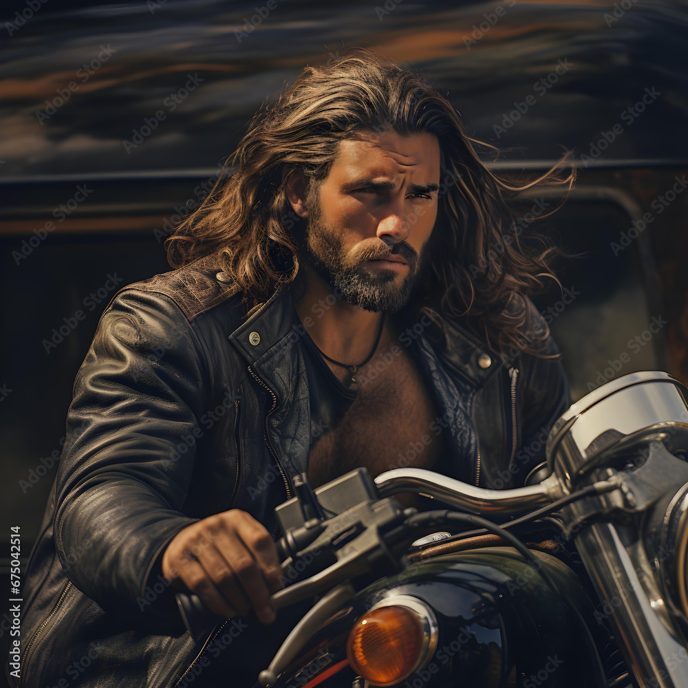 long haired, beard, handsome american man on a Indian Motorcycle ...