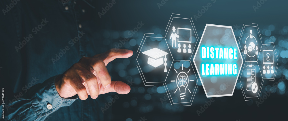 Distance learning concept, Person hand touching distance learning icon ...