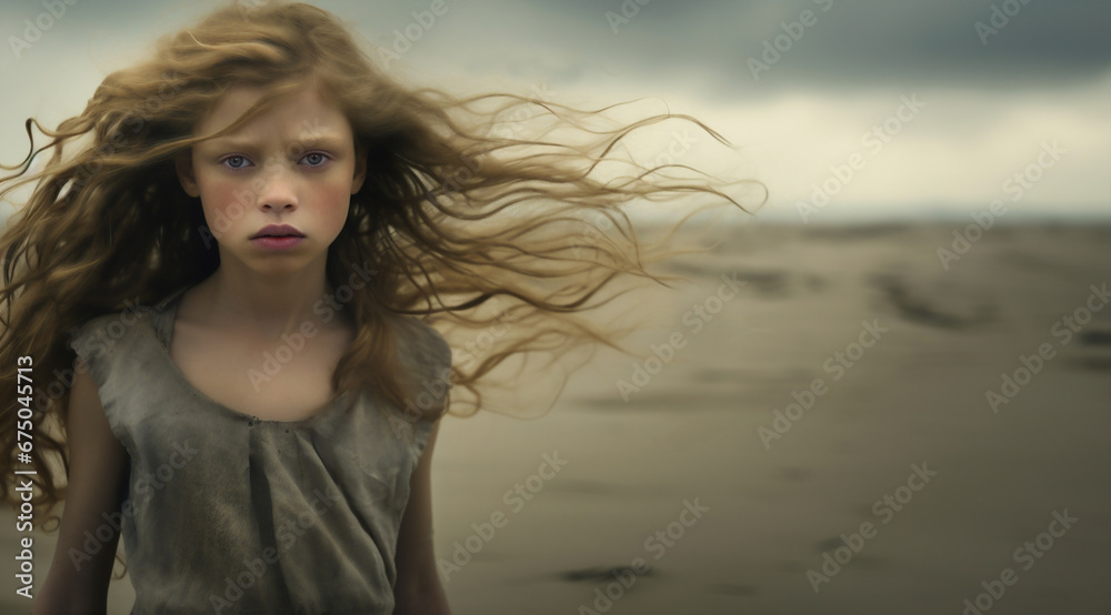 Portrait of a young girl standing in a wind-swept desert. Post ...