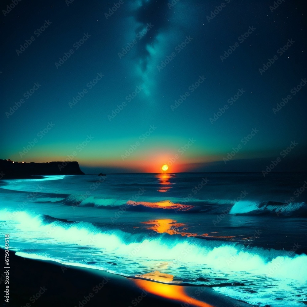 AI generated illustration of a vibrant nighttime seascape illuminated ...