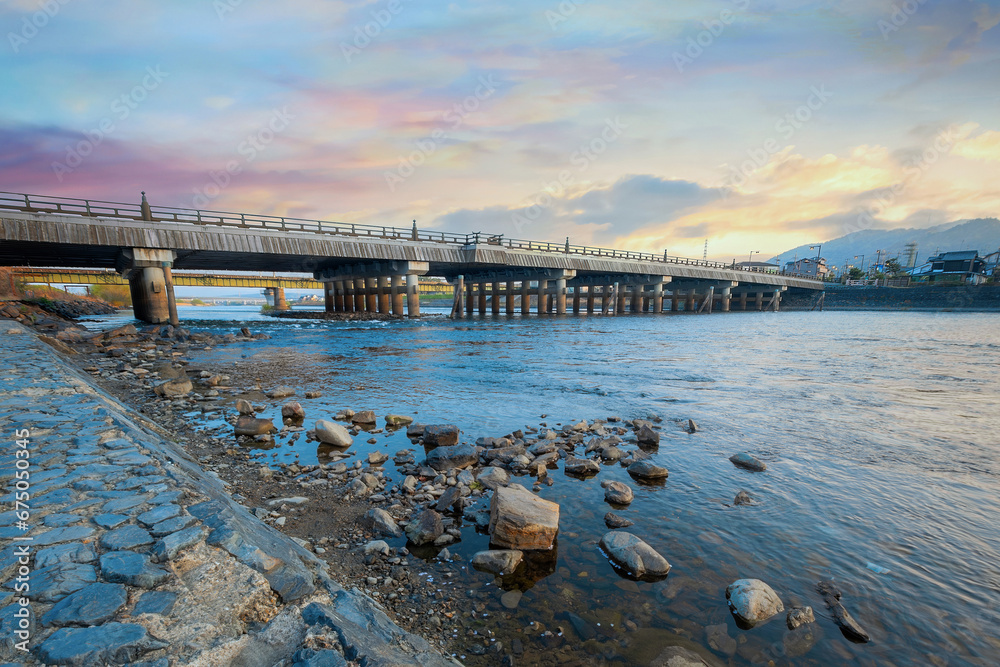 Kyoto, Japan - April 1 2023: Uji Bridge the crosses the Uji river was ...