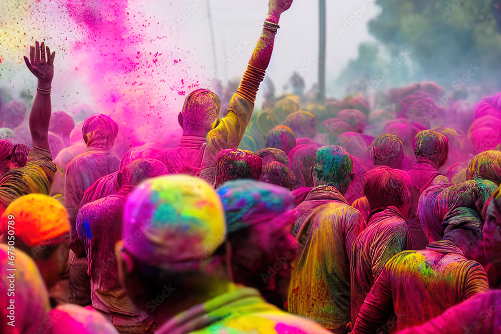 The image captures a vibrant scene of a crowd celebrating with colored ...