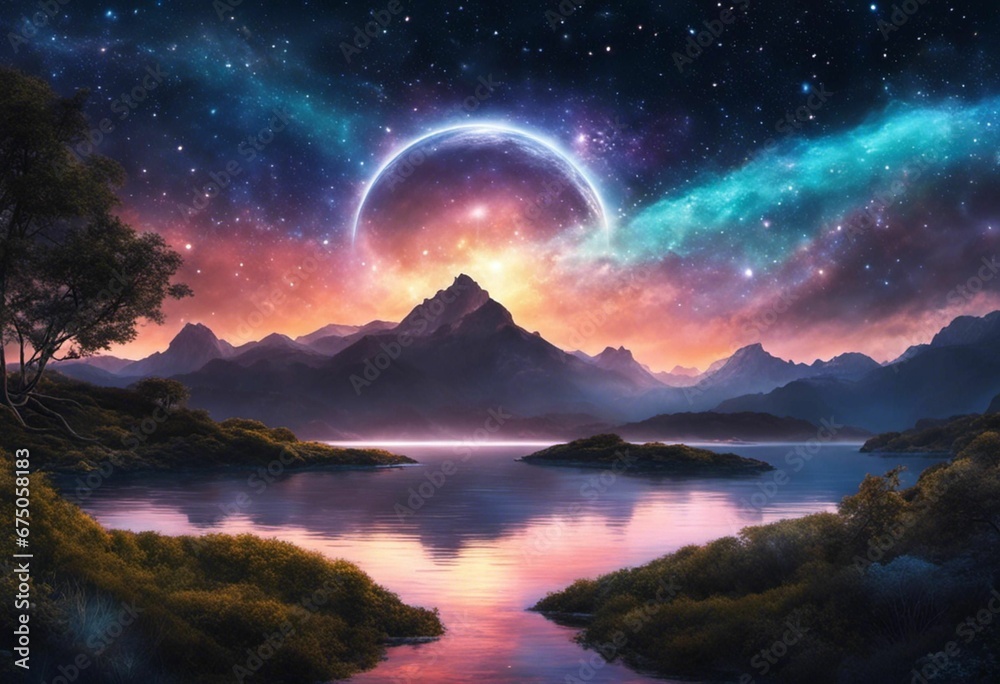 Ethereal landscape featuring celestial bodies, mountain peaks, and lush ...