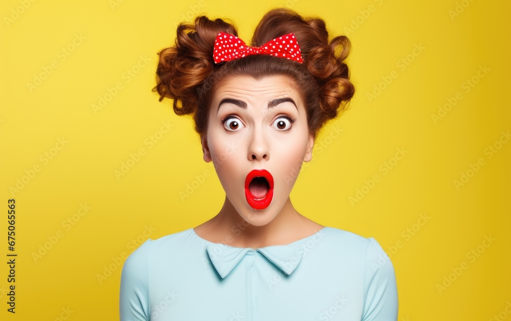 Surprised pin up style woman with retro hairstyle, bright color ...