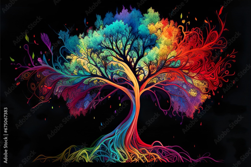 AI generated illustration of a beautiful rainbow tree with long roots ...