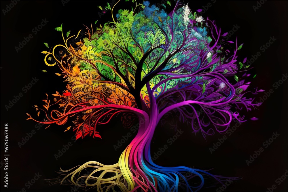 AI generated illustration of a beautiful rainbow tree with long roots ...