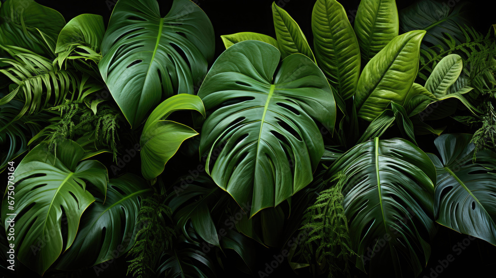 Big Greean Leaves Of Monstera Banana And Strelizia, Background Image ...