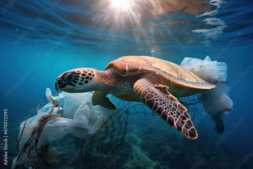 Battling plastic pollution, A sea turtle in a polluted ocean ...