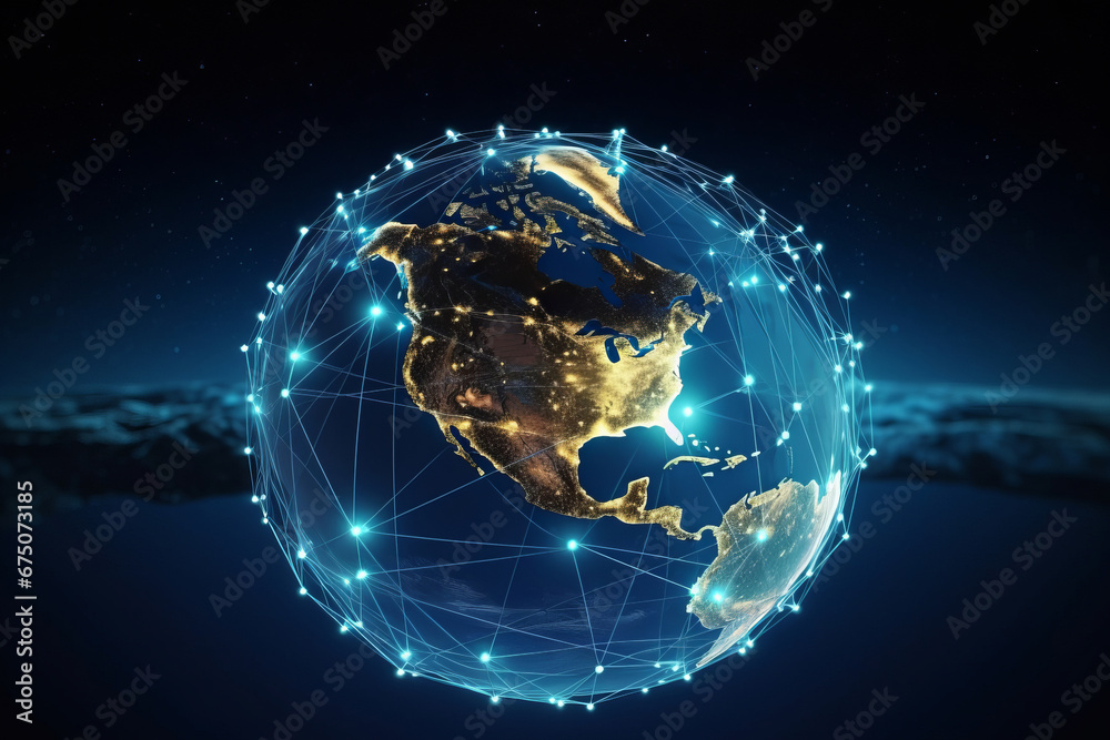 Planet Earth from space, city lights resembling a global map. An ...