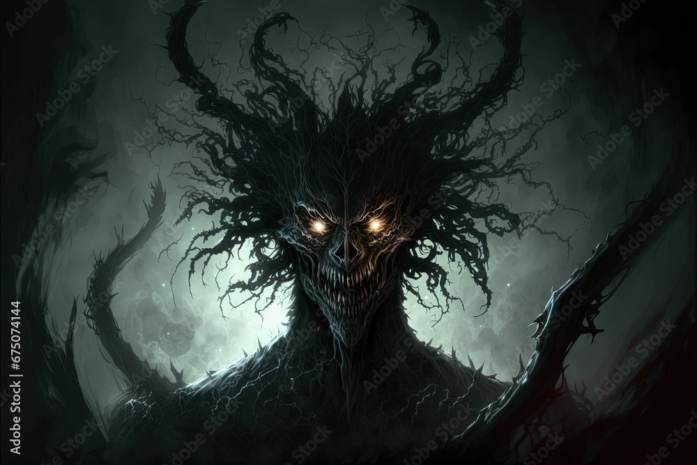 AI generated illustration of a scary demon with sharp teeth, releasing ...