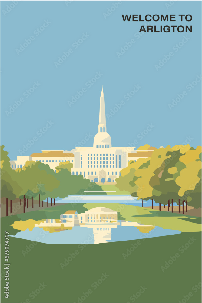 USA Arlington city vintage poster with abstract shapes of landscape and ...