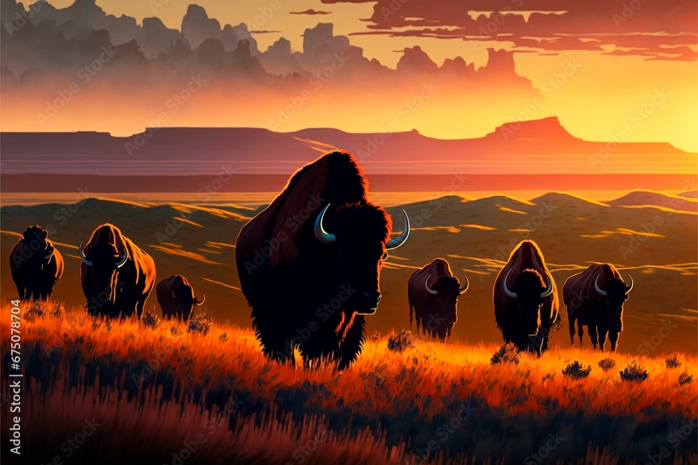 AI generated illustration of realistic flock of bison walking in the ...