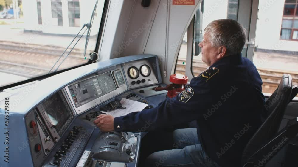 Male old train driver at the control panel in cockpit cab of electric ...
