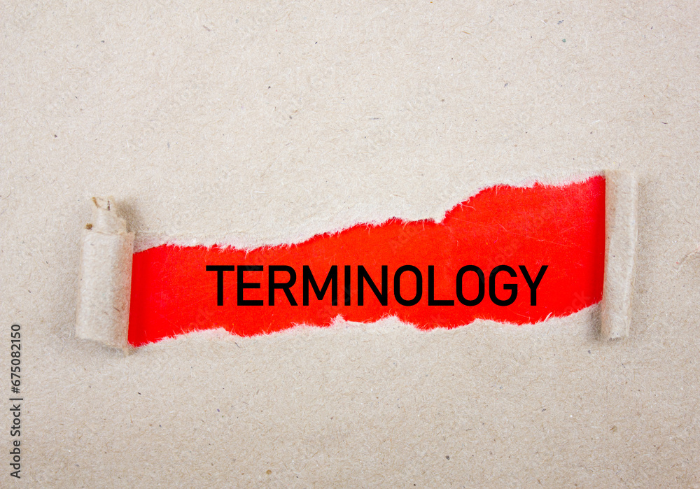TERMINOLOGY text, acronym on a red background and torn paper ...
