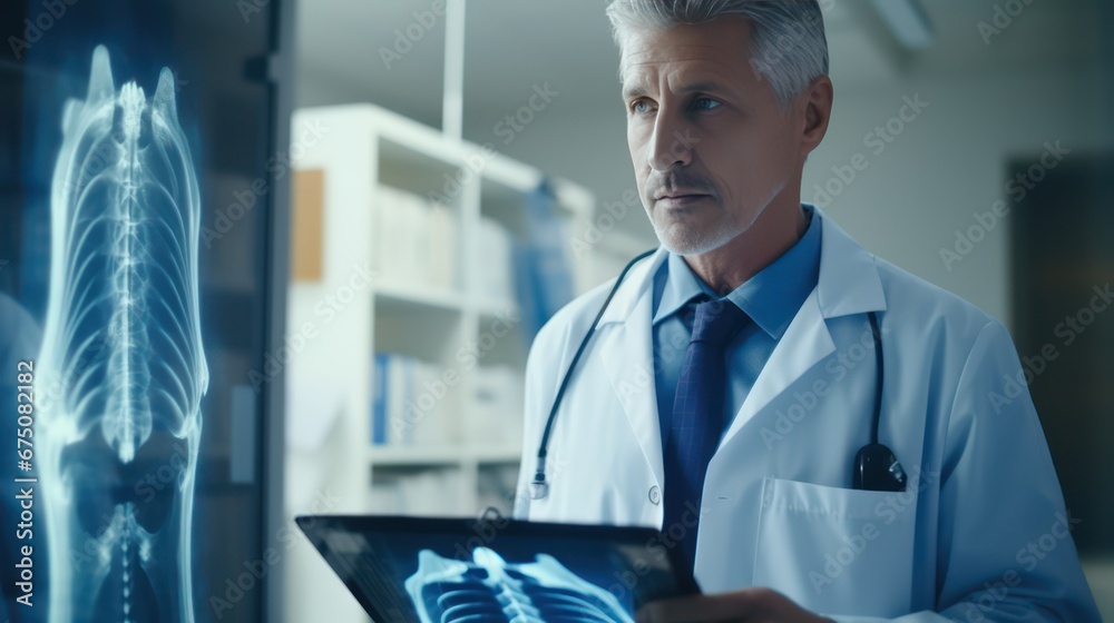 Male Doctor looking x-ray film at doctor's office, Hospital, lungs and ...