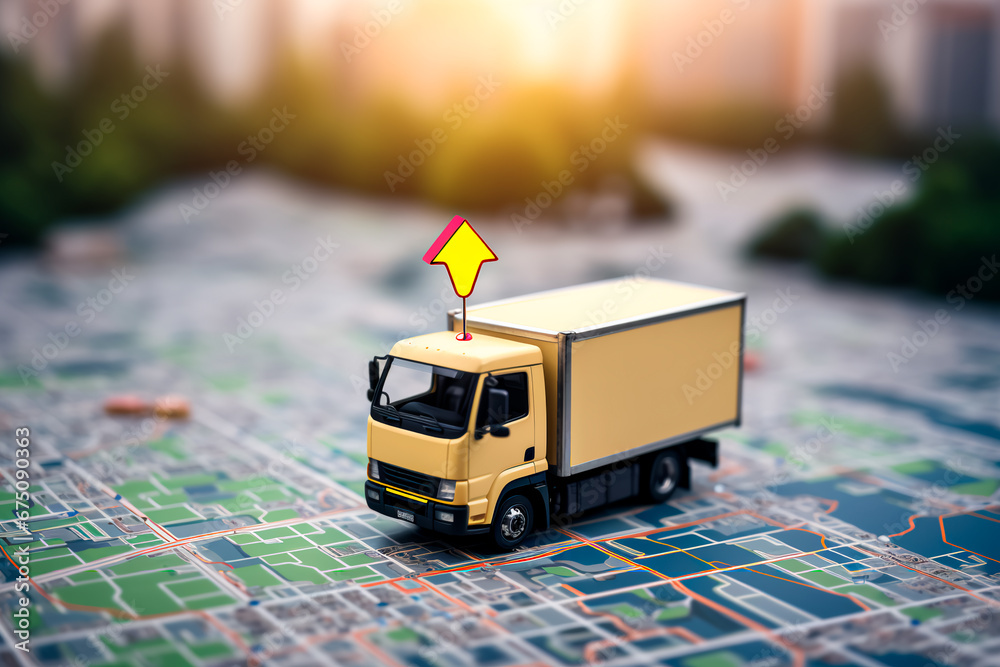 Top-down view of a moving truck with a cargo container tracked via GPS ...