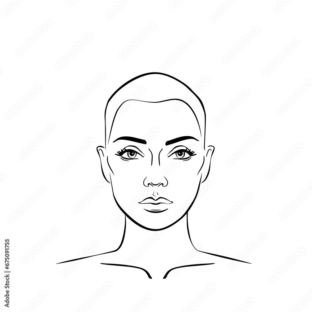 beautiful bald woman face shaved head portrait line drawing front view ...