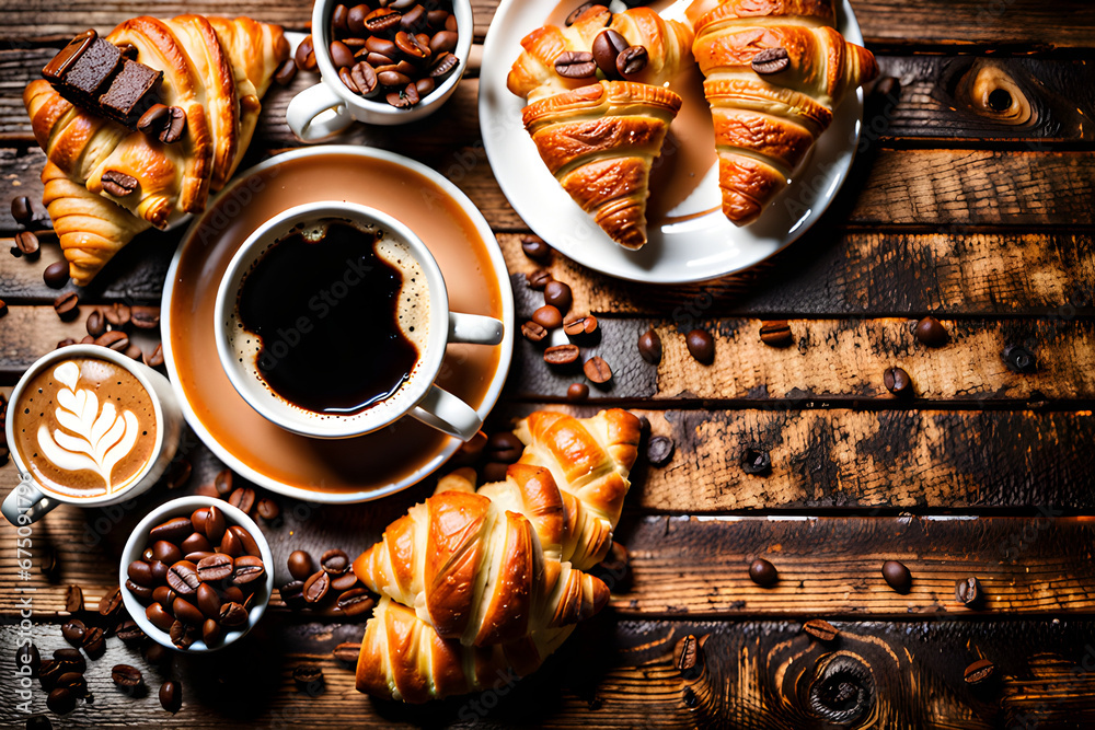 A rustic wooden table with a cup of coffee and pastries and croissants ...