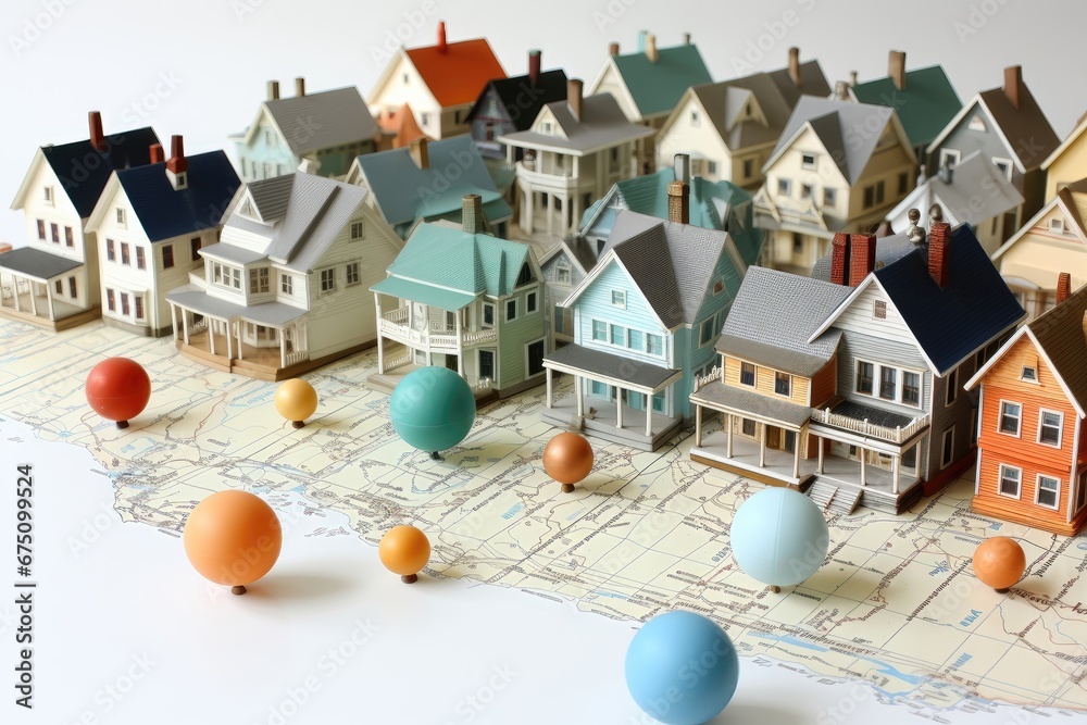 Detailed miniature model homes arranged on a map, illustrating the ...
