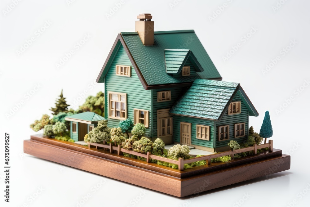 A detailed miniature house with a green roof in a close-up view, set ...