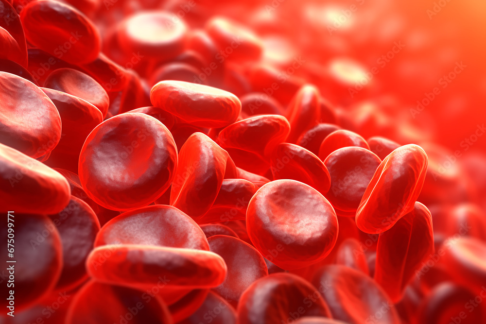 3D render depicting red blood cells in a vein with depth of field ...