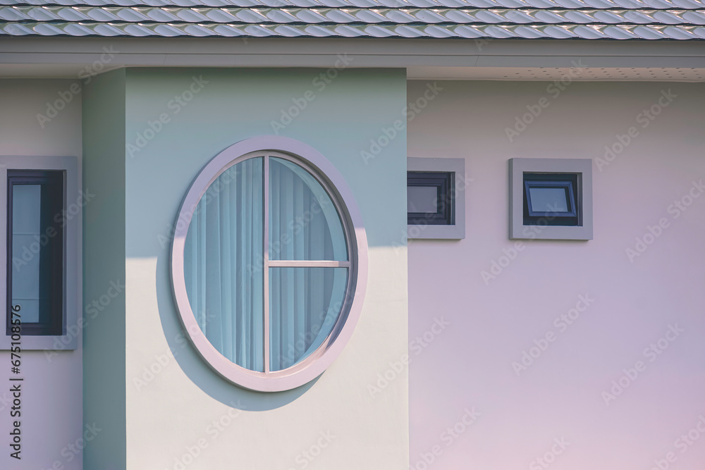 Circle glass window with curtain and small fixing glass windows on ...