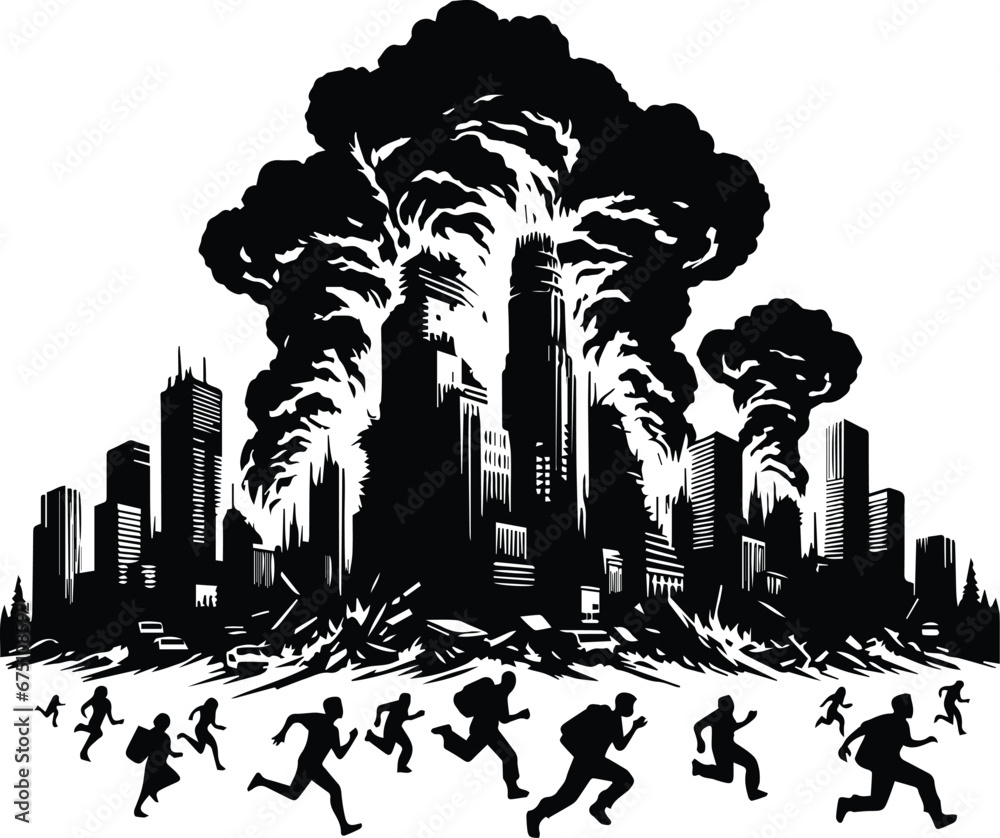 apocalypse city skyline being ravaged and destroyed by a massive ...