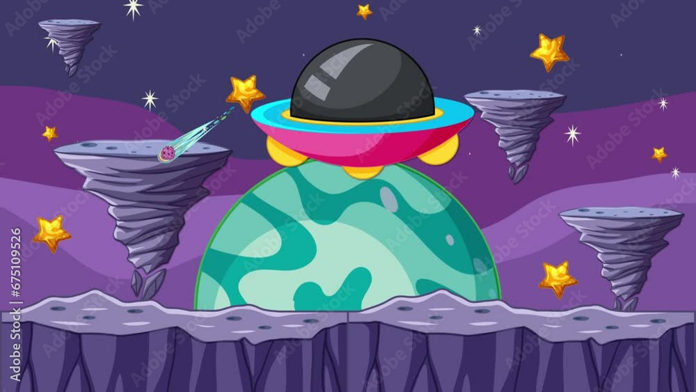 Cartoon animation of a UAP or UFO flying around a comet in outer space ...