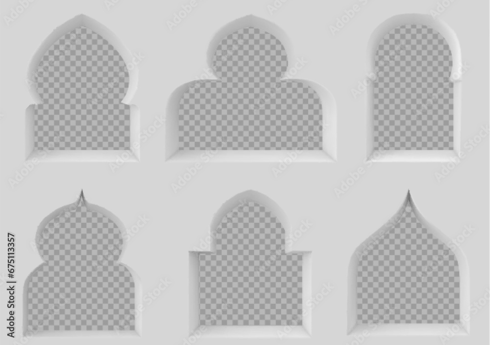 Arch window of mosque or muslim building with transparent hole ...