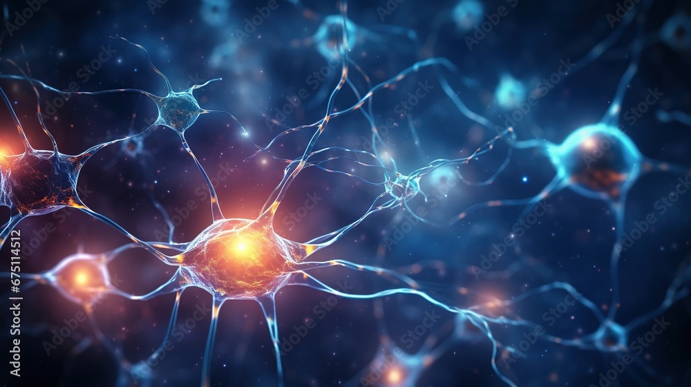 Conceptual illustration of neuron cells with glowing link knots in ...