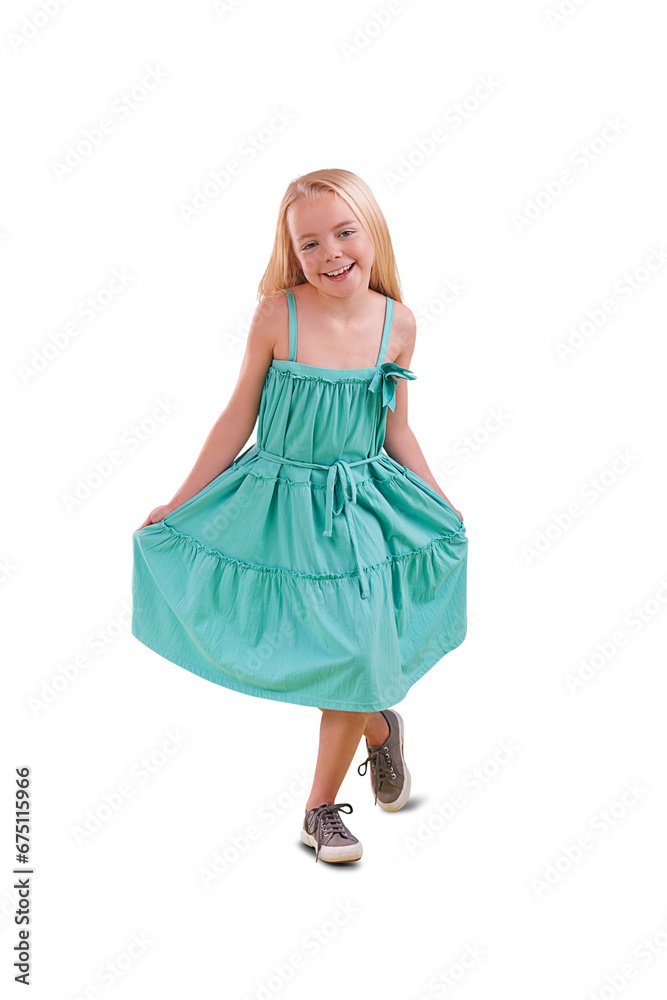 Portrait, smile and happy girl with curtsy and modern fashion and ...