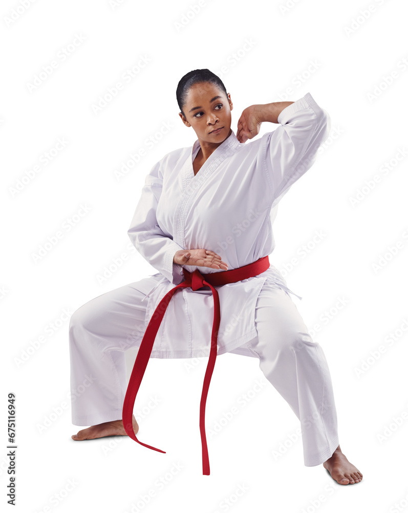 Woman, karate and squat for martial arts, taekwondo and defense for ...