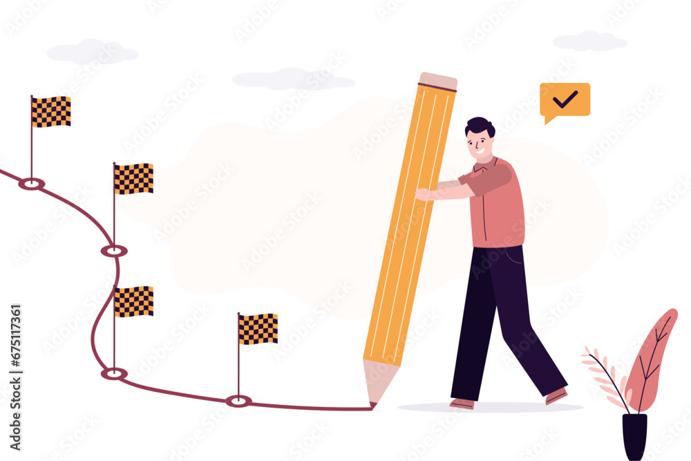 Confident businessman uses pencil to draw workflow line with ...