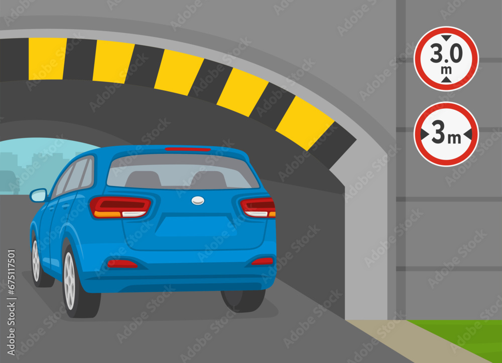 Safe driving tips and traffic regulation rules. Back view of a car ...