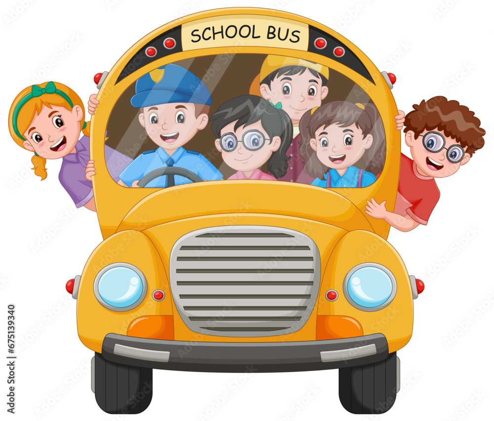 Cartoon Happy children on school bus. Vector illustration Stock Vector ...