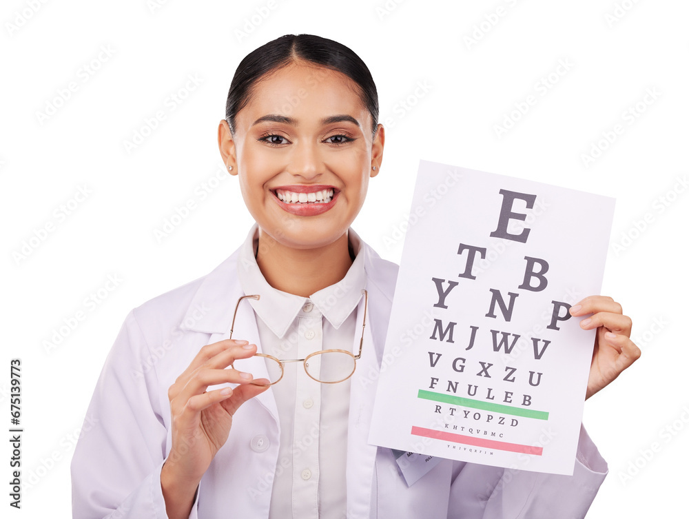 Portrait, glasses and eye test of woman, optometrist and isolated on ...