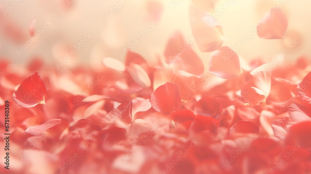 Red rose petals gently falling in soft sunlight, fragile feminine ...