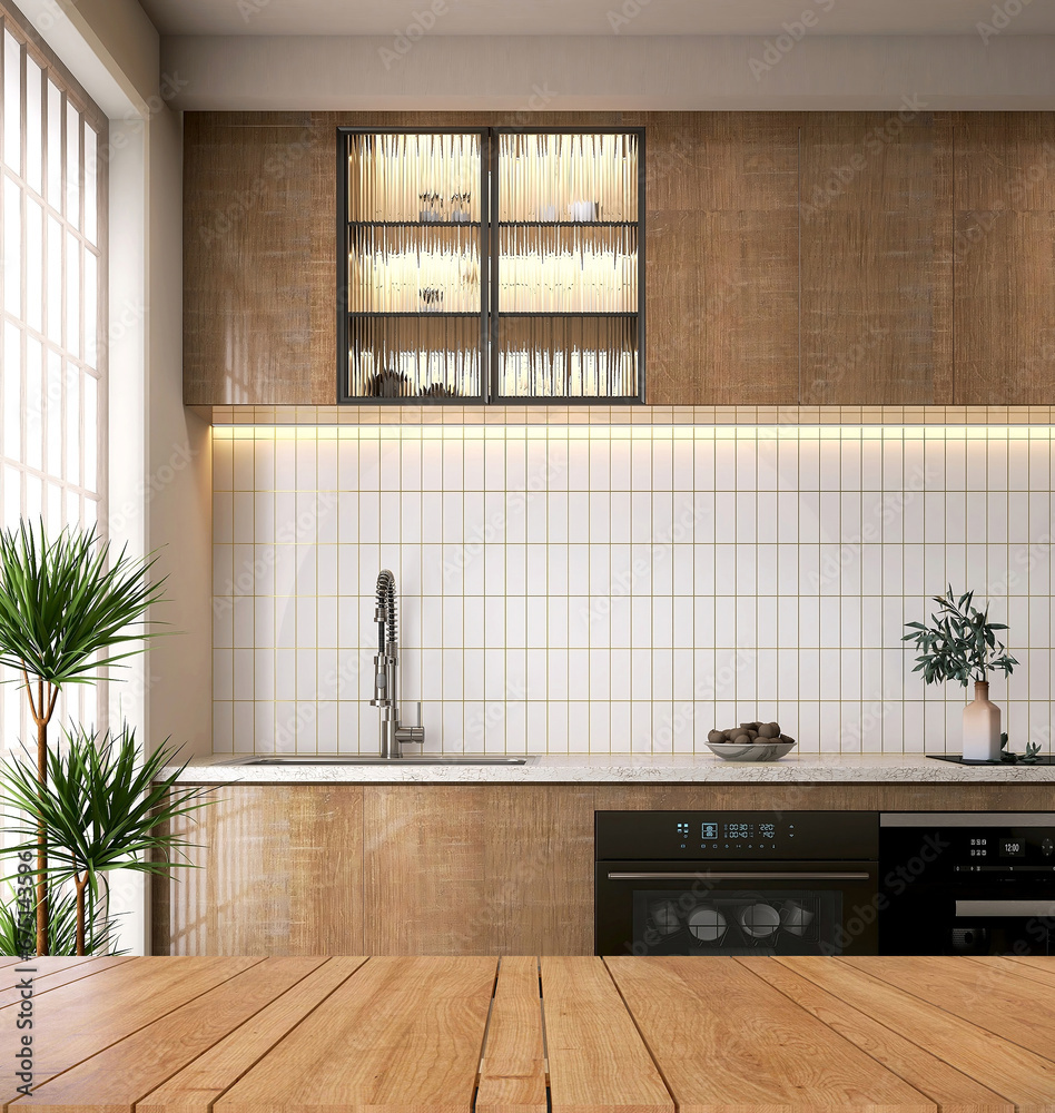 Wooden countertop, table top in modern, luxury kitchen with cabinet ...